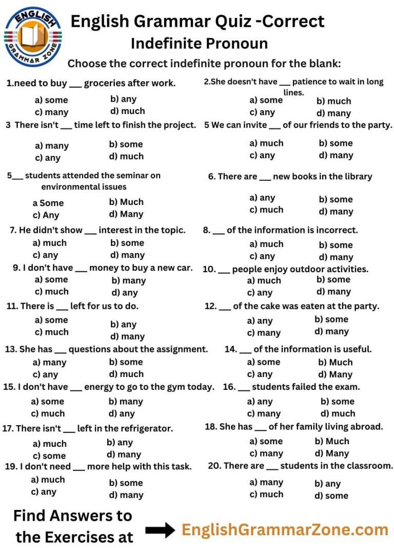 English Grammar Quiz Correct Indefinite Pronoun