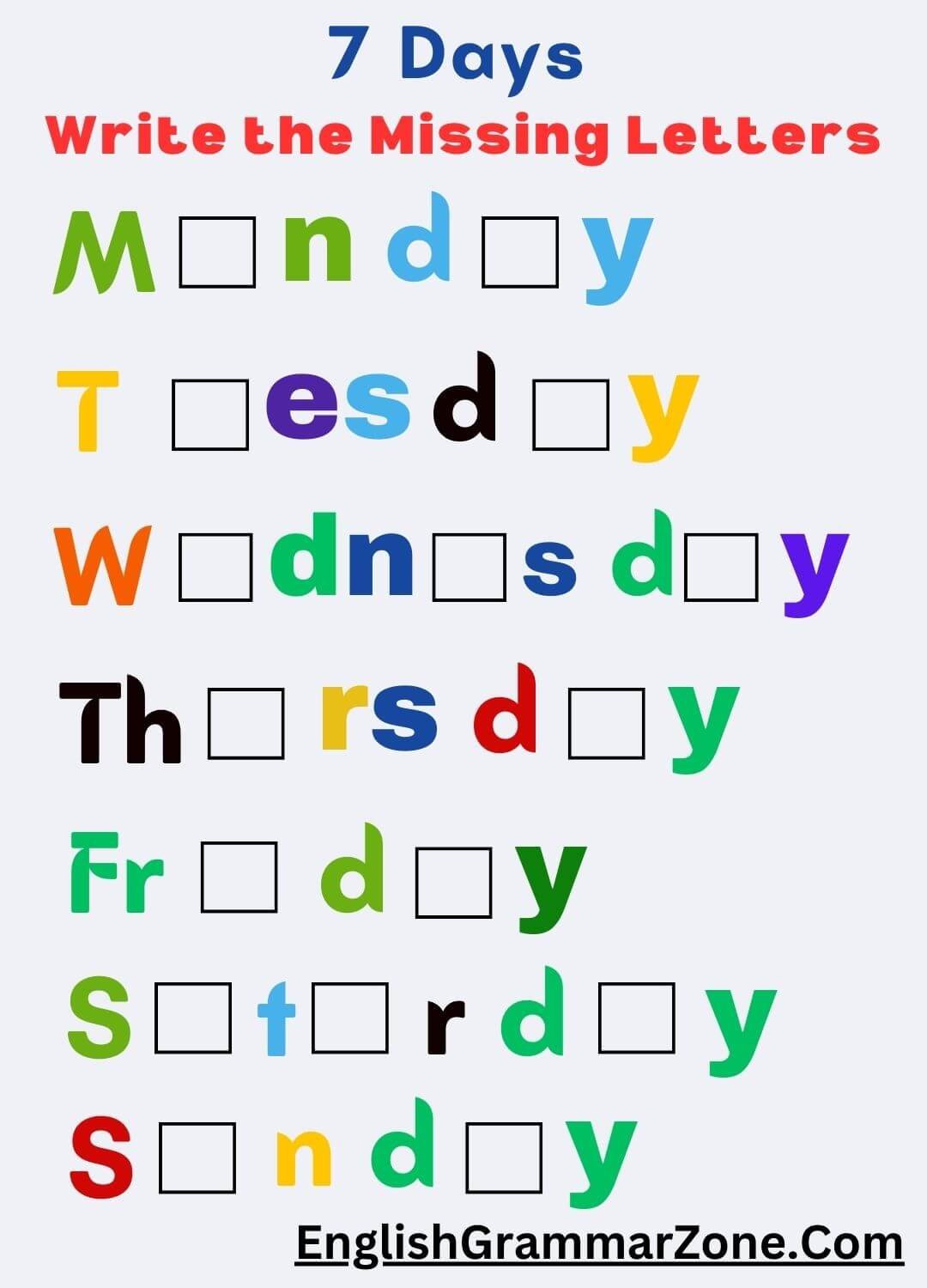 Master 7 Days Missing Letters Worksheets For Kids | Printable For Kindergarten