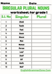 Printable Irregular Plural Nouns Worksheet For Grade 1 With Answers