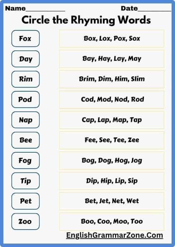 Rhyming Words For Grade 2 Worksheet Infoupdate Rhyming Words For Grade 2 Worksheet Infoupdate
