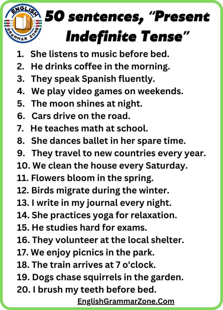 50 Present Indefinite Tense Sentences For Beginners