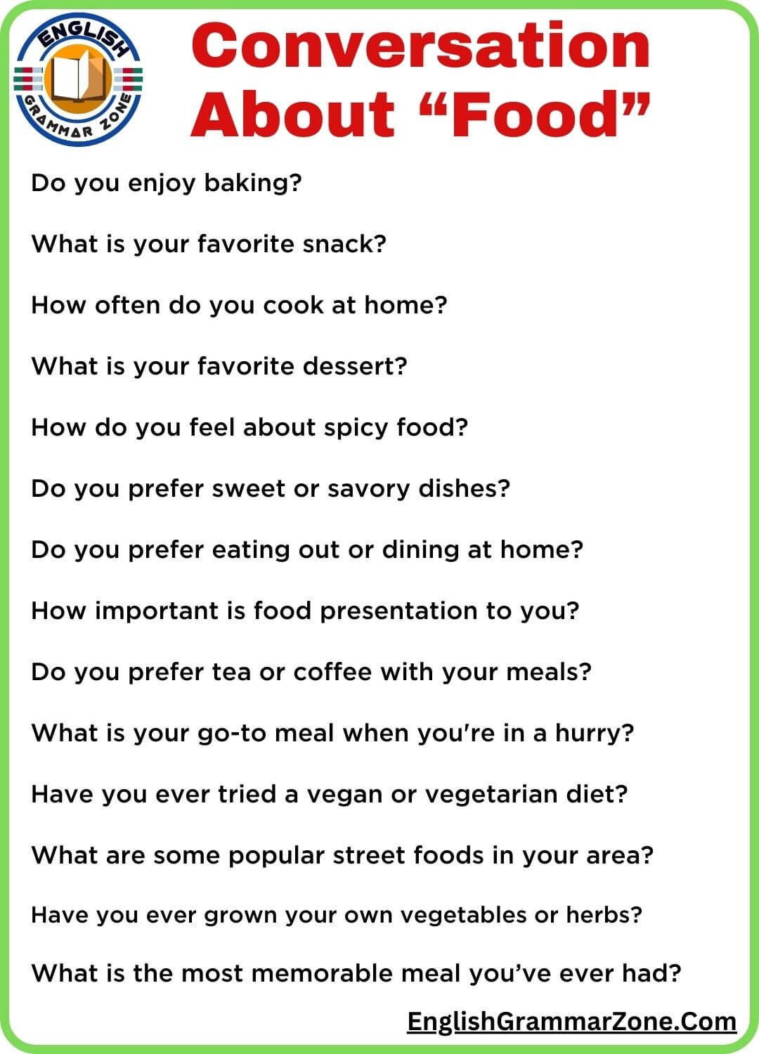50 Fun Food Questions To Practice Speaking 50 Fun Food Questions To Practice Speaking
