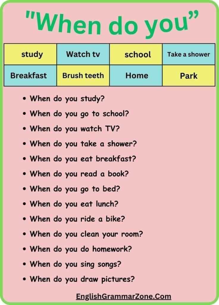 When Do You? Examples With Answer Worksheet For Kids