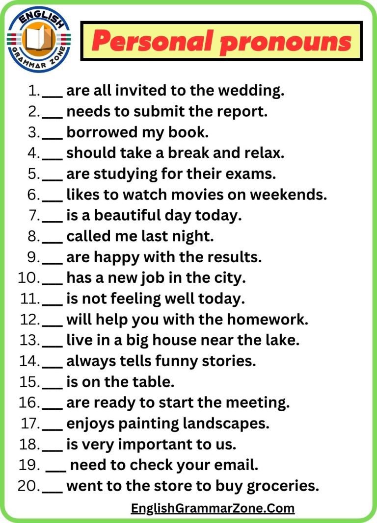 50 Pronouns Fun Fill In The Gap Sentences For English Practice