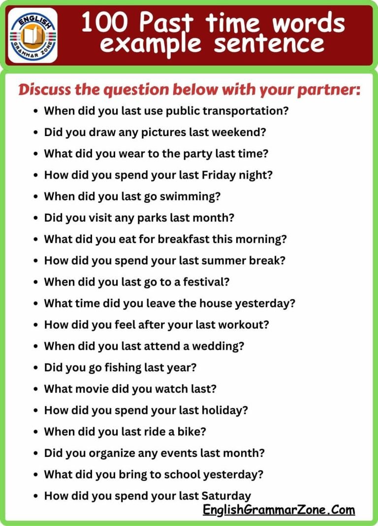100 Past Time Words Example Sentence