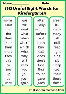 150 Useful Sight Word And Example Sentence Worksheet