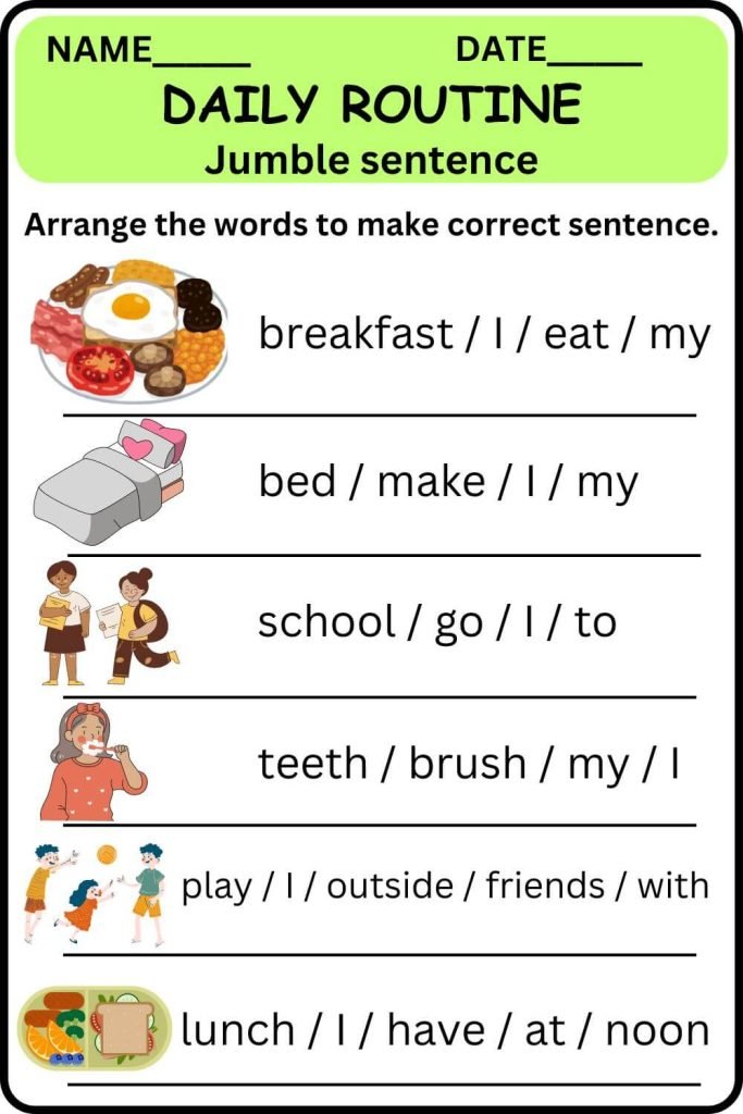 Daily Routine Jumble Sentence Worksheet With Answer
