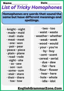 List Of Tricky Homophones Worksheet For Kids