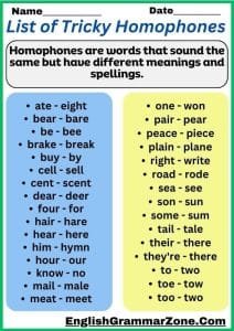 List Of Tricky Homophones Worksheet For Kids