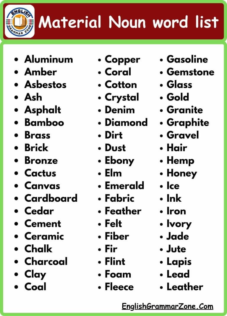 150 Word List Of Material Noun