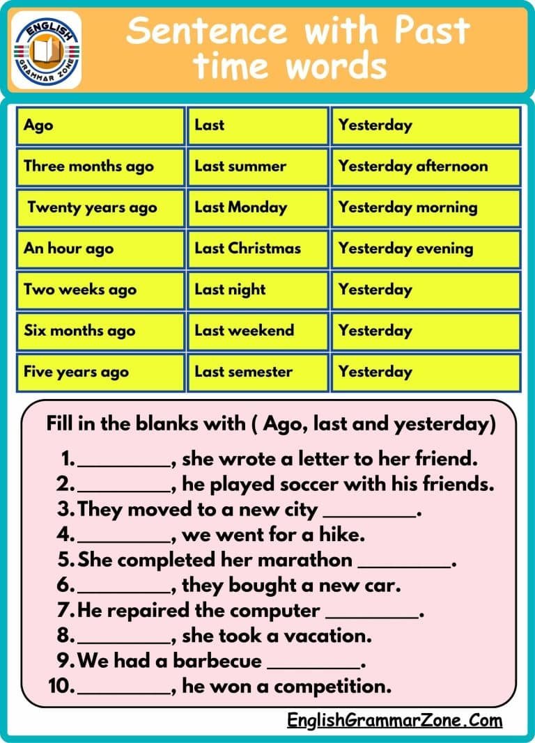 Grammar Worksheet With Past Time Words