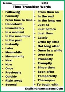 Time Transition Words List In English