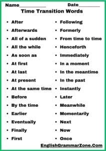 Time Transition Words List In English