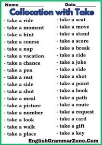 List Of Common 150 Collocation With Take