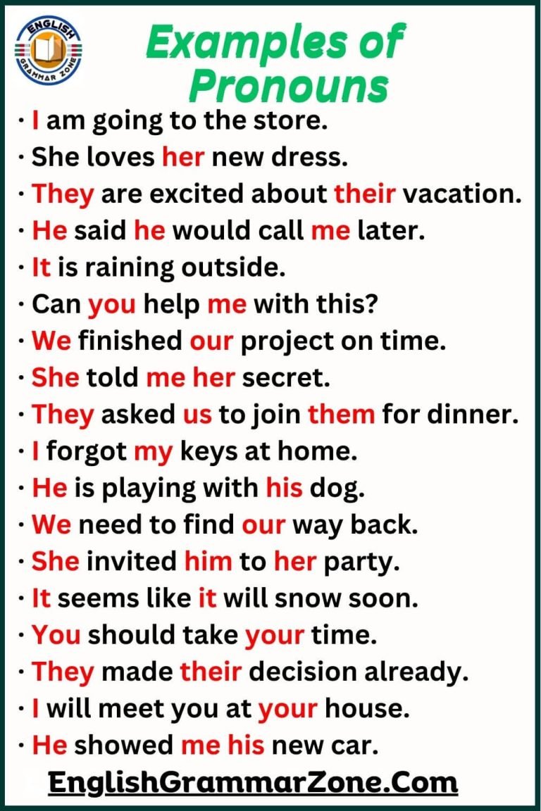 Pronoun Examples Sentences With Answers