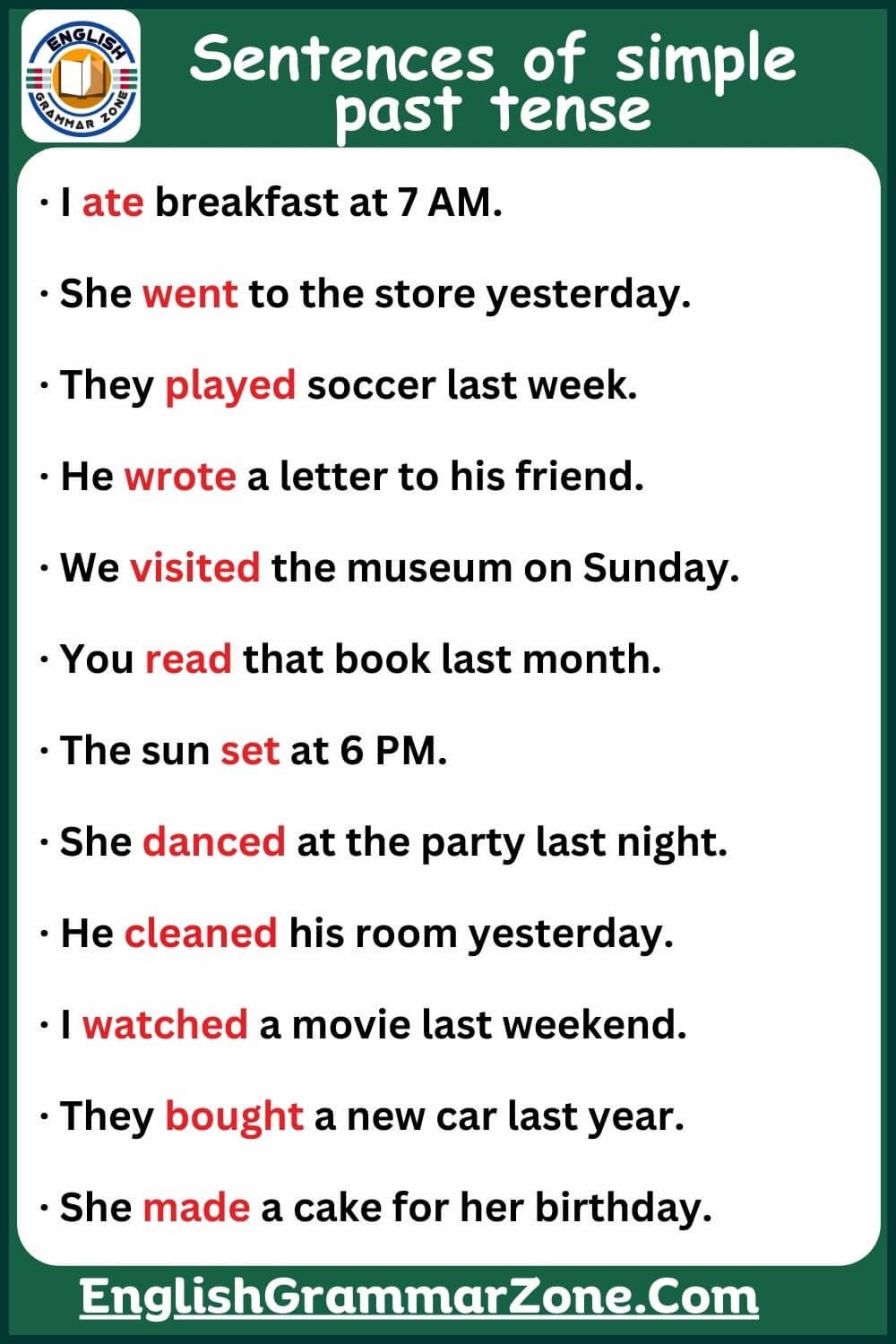 Sentences Of Simple Past Tense In English