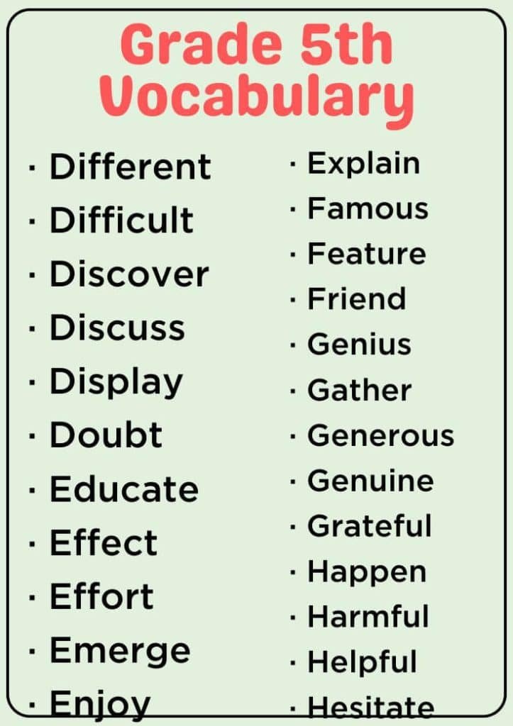 List Of Grade 5th Vocabulary Words