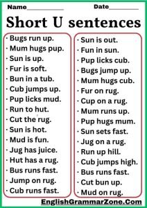 Vowel Worksheet Sentence With U