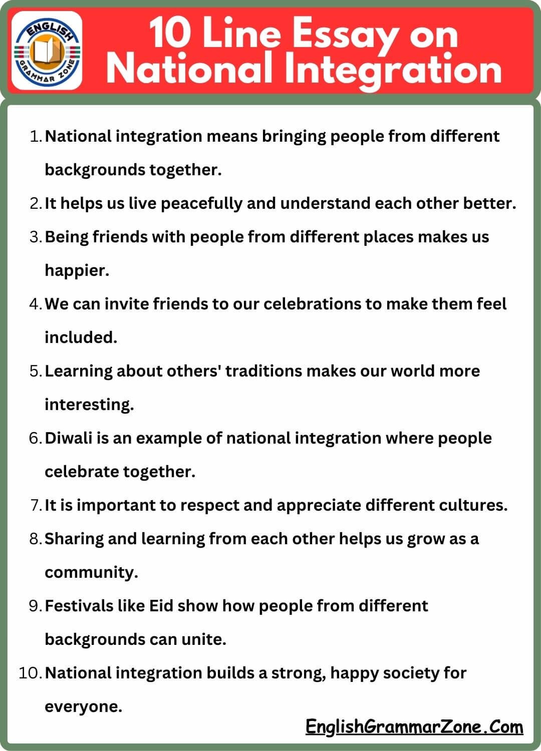 10 Line Essay On National Integration For Children
