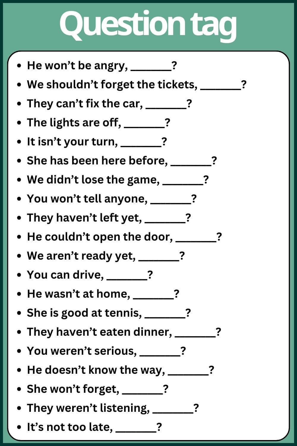 120 Question Tag Examples With Answers