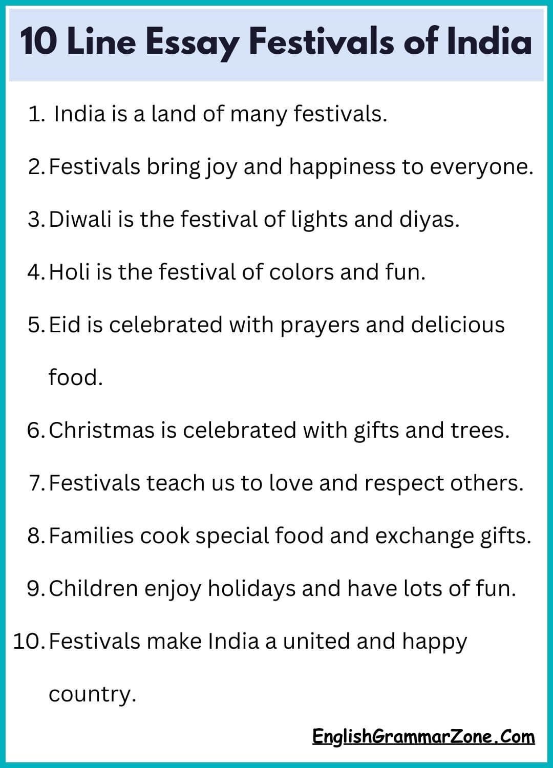 Write An 10 Line Essay On Festivals Of India