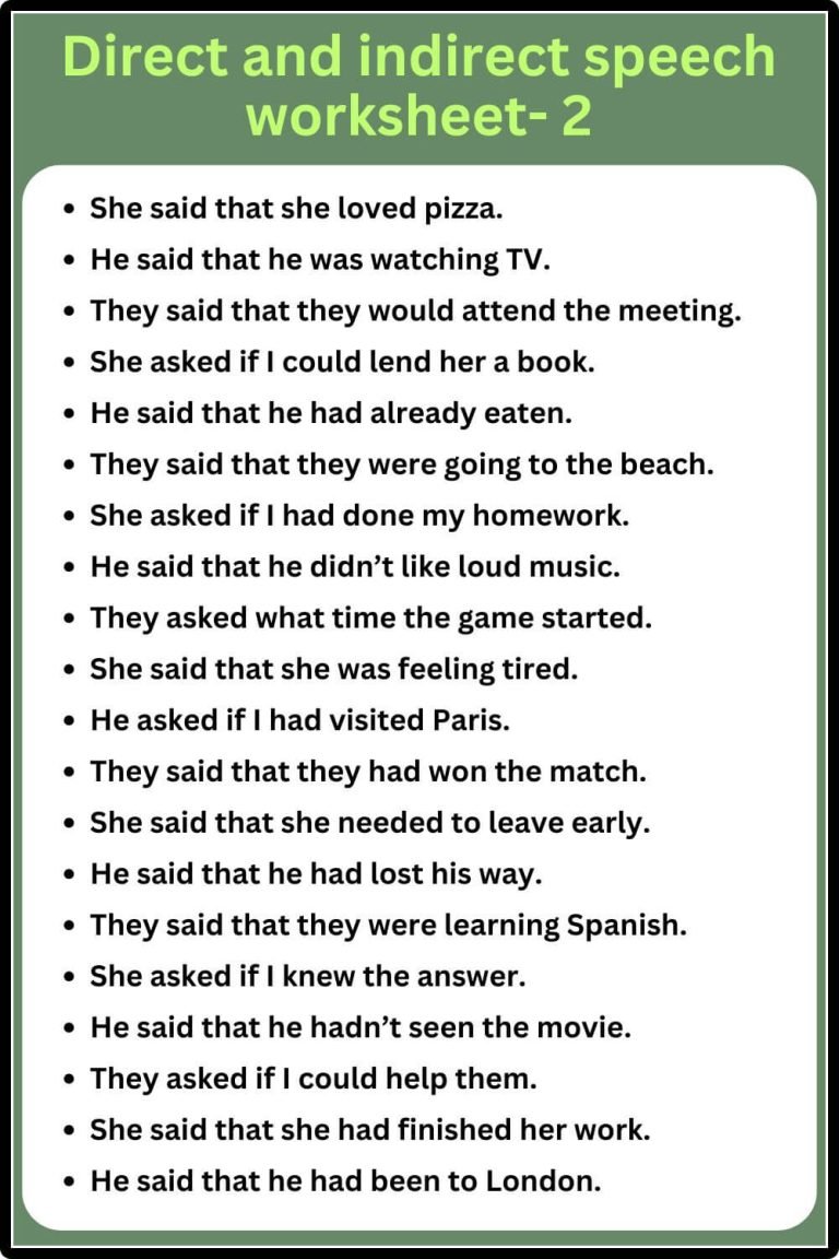Direct And Indirect Speech Worksheet