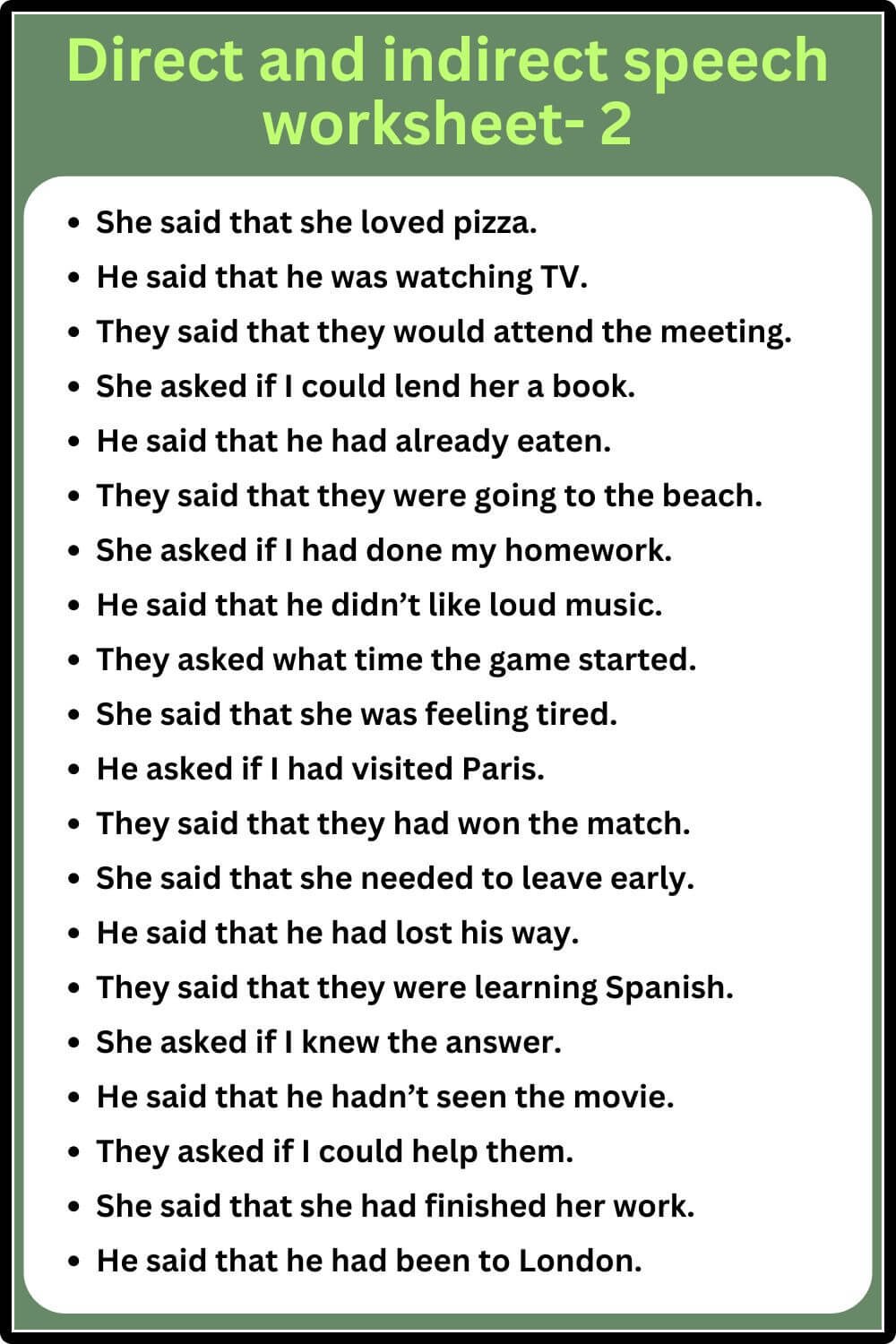 Direct And Indirect Speech Worksheet