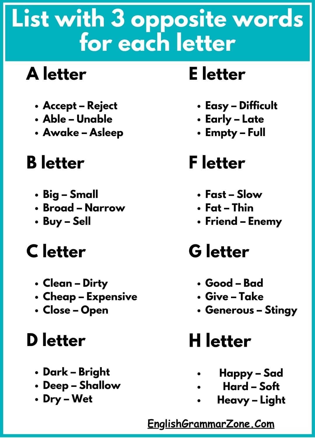Opposite Words In English For Class 1
