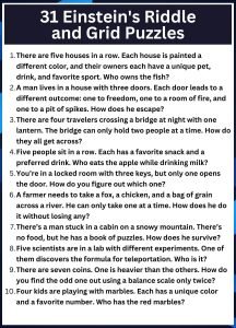 31 Einsteins Riddle And Grid Puzzles To Puzzle Your Brain
