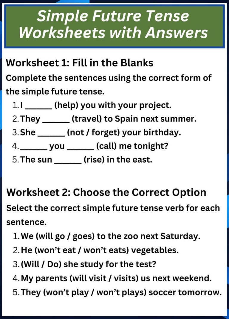 Simple Future Tense Worksheets With Answers