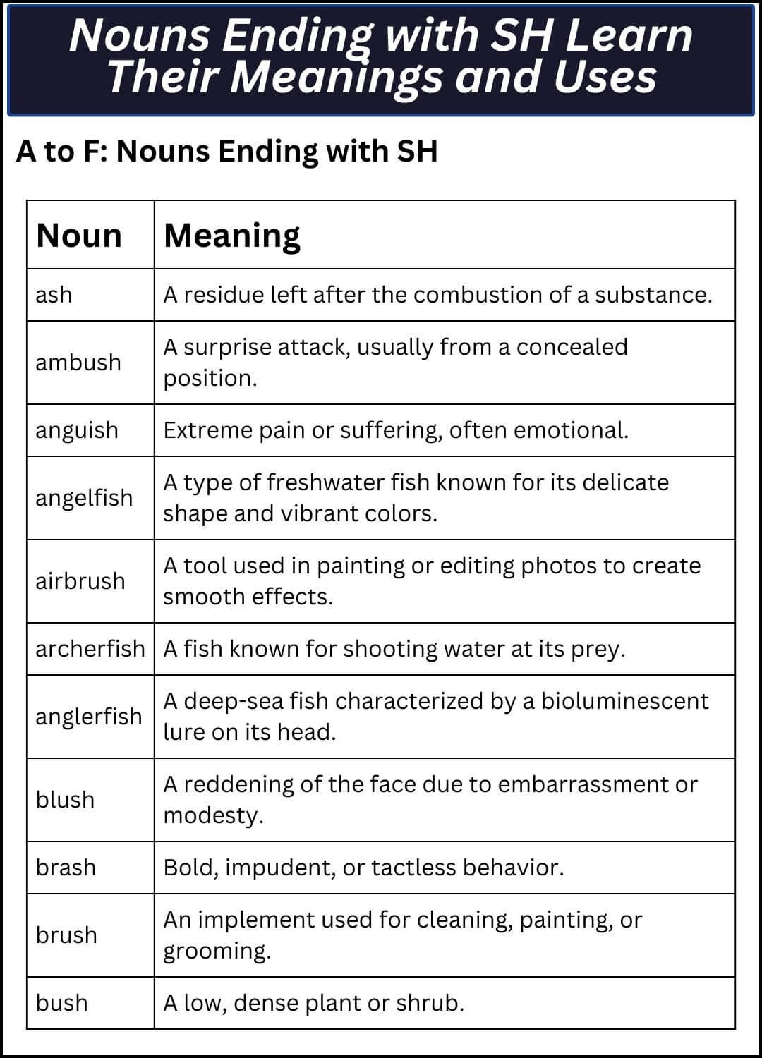 Nouns Ending With SH Learn Their Meanings And Uses