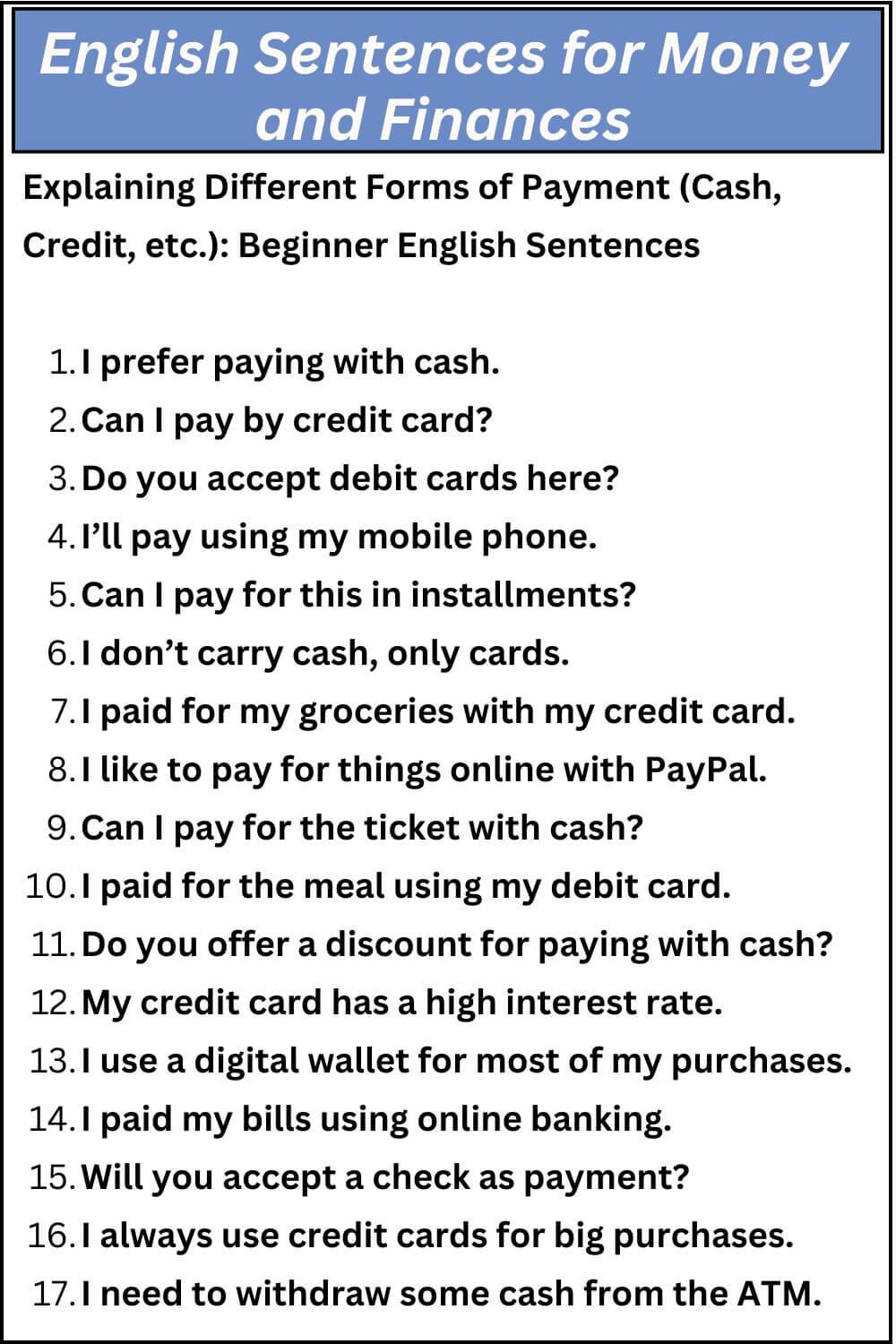 English Sentences For Money And Finances