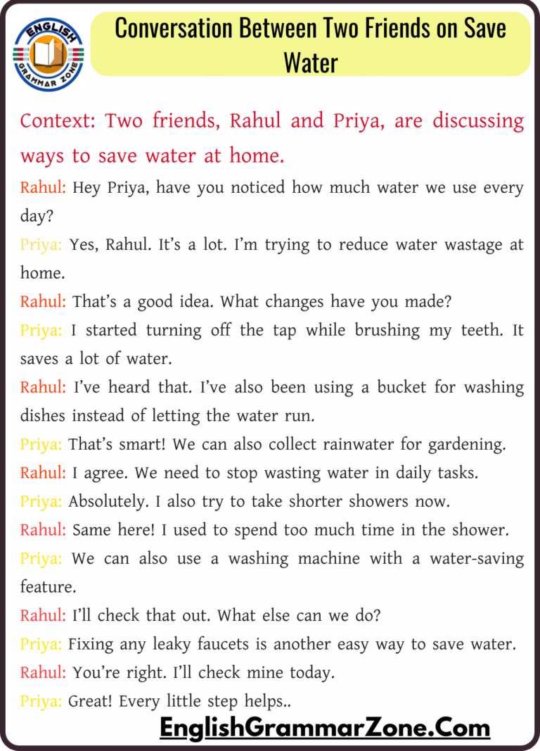 Conversation Between Two Friends On Save Water In English
